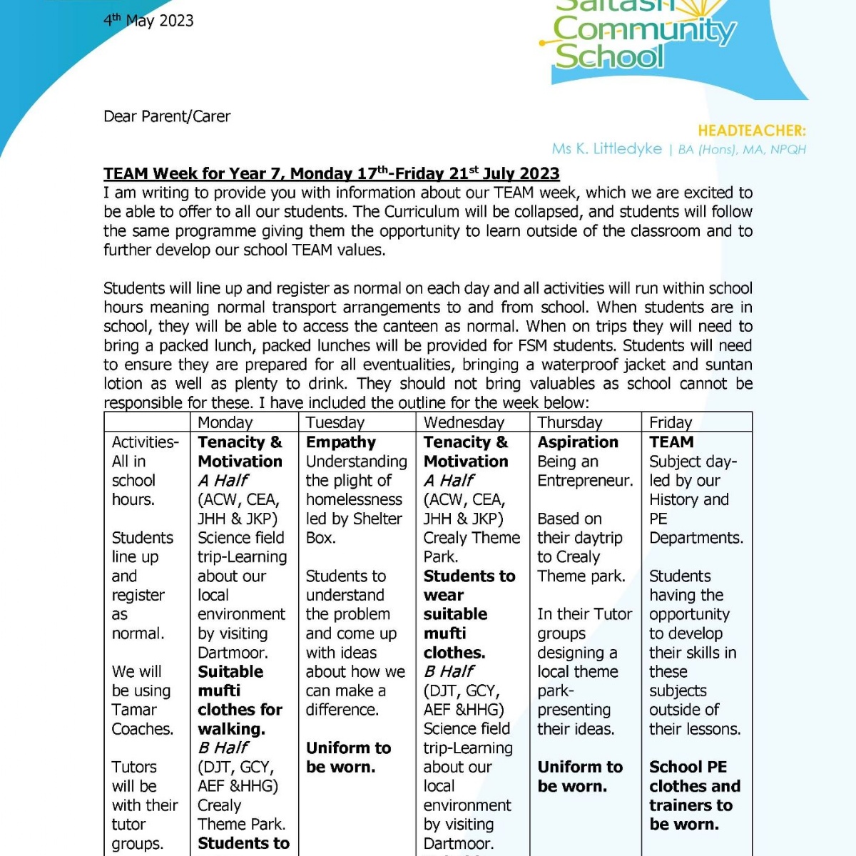 Saltash Community School - TEAM Week for Year 7 - Letter to Parents/Carers